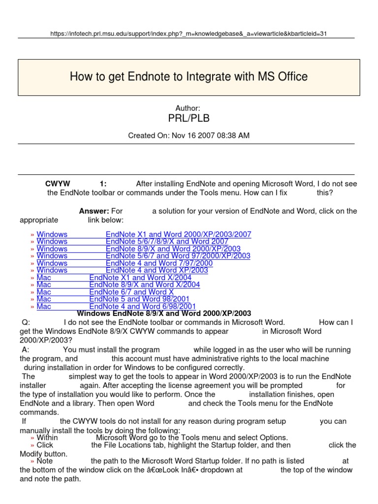 How To Get Endnote To Integrate With MS Office | PDF | Microsoft Word ...