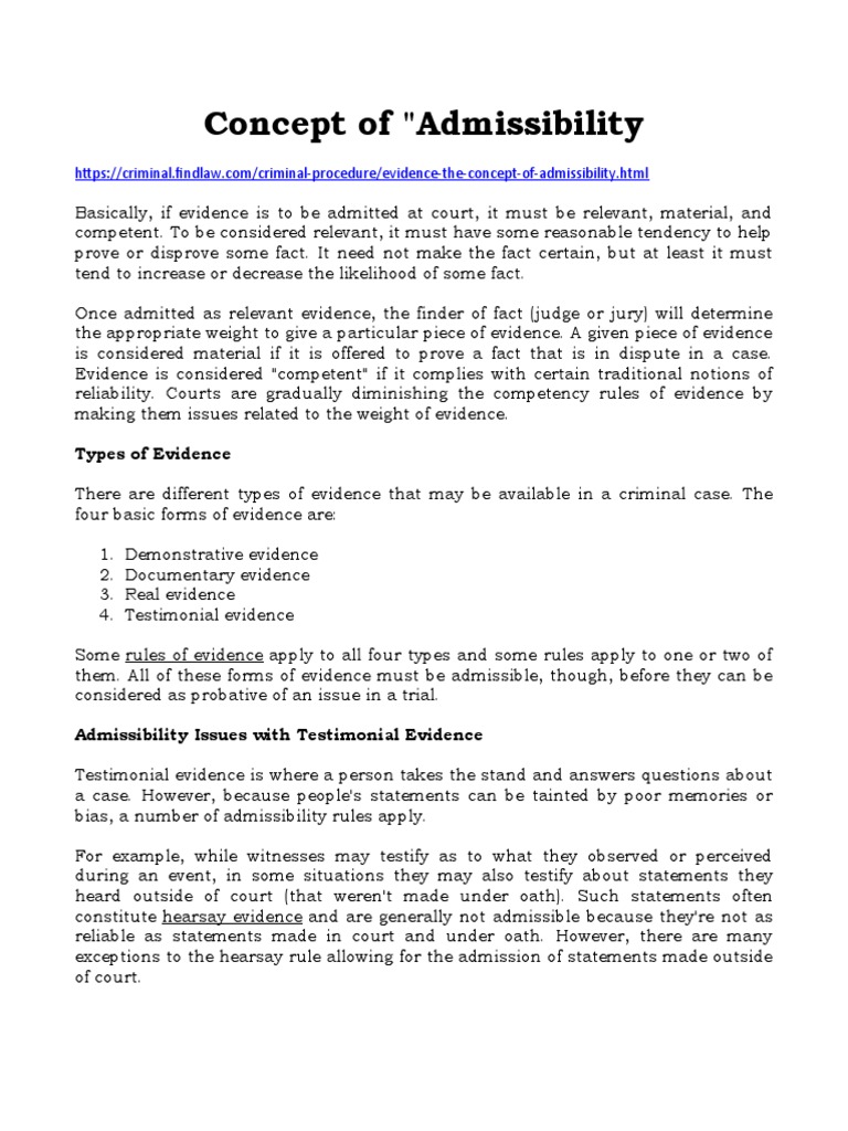 Concept of Admissibility | PDF | Admissible Evidence | Evidence (Law)