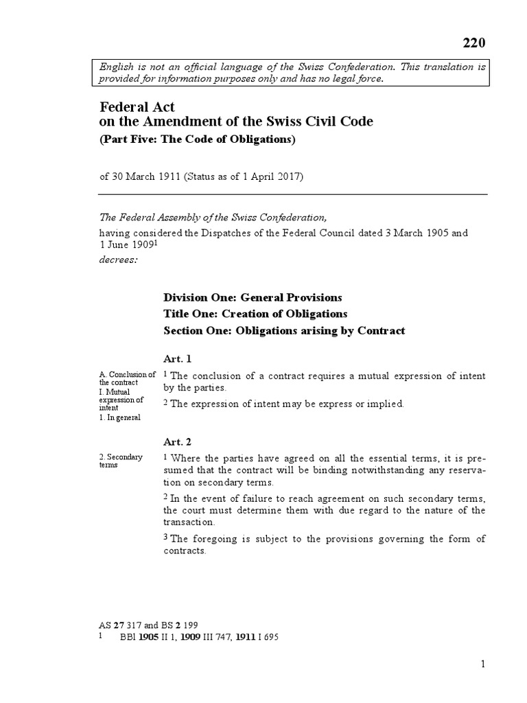 Swiss Code of Obligations 1 Apr 2017 PDF | PDF | Damages | Law Of Agency