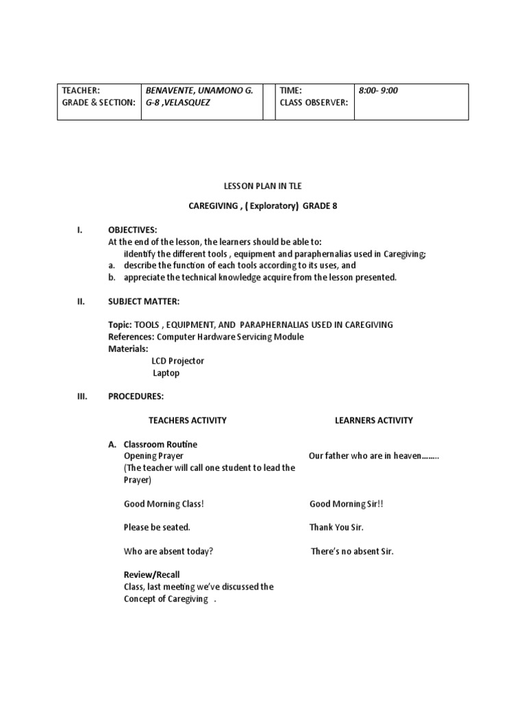 Lesson Plan in Tle Caregiving Benavente | PDF | Caregiver | Learning
