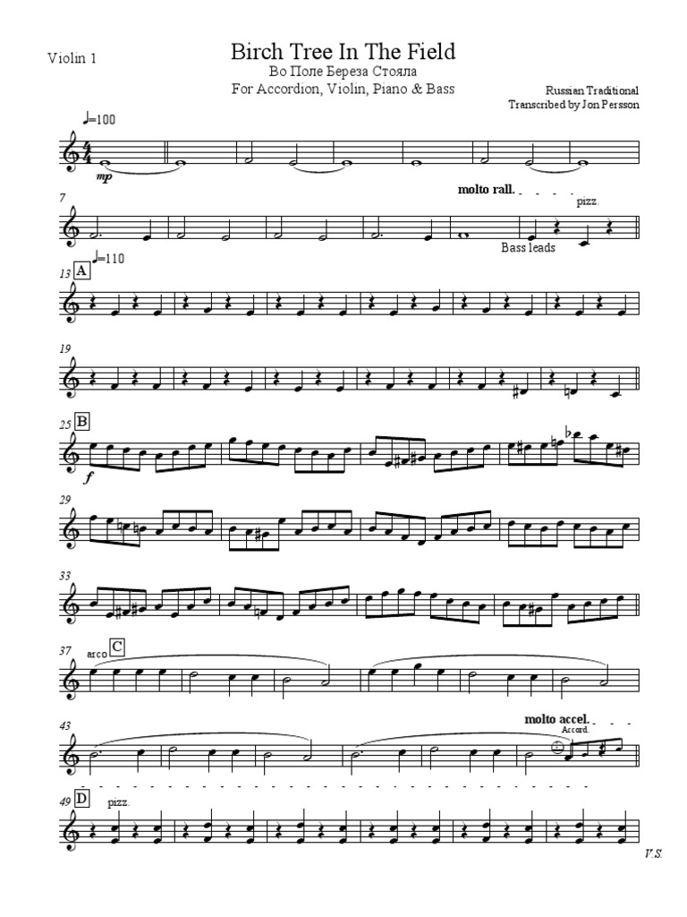 Birch Tree In The Field: Violin 1 Во Поле Береза Стояла For Accordion ...