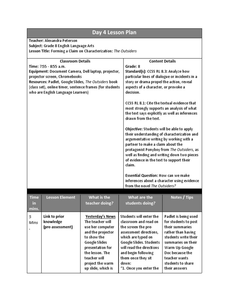 Peterson Week 4 Lesson Plan | PDF | Teachers | Classroom