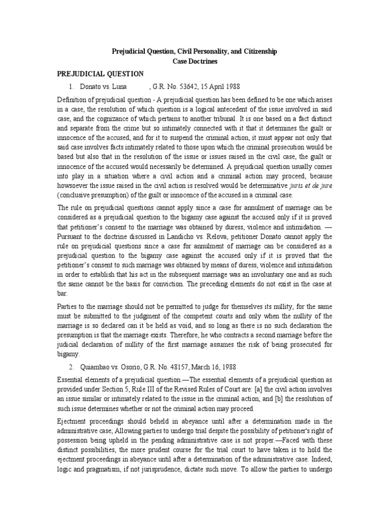 Prejudicial Question, Civil Personality, and Citizenship Case Doctrines ...