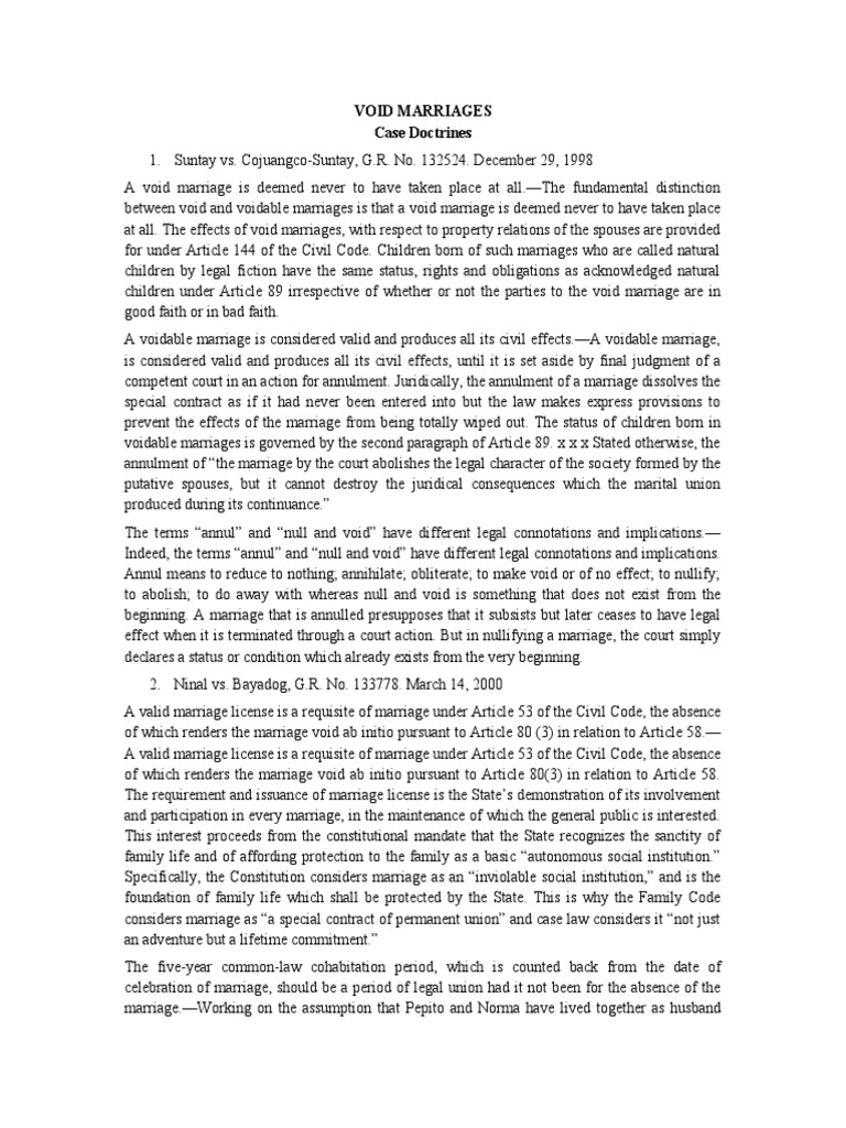 Void Marriages Case Doctrines Pdf Annulment Marriage Unions And