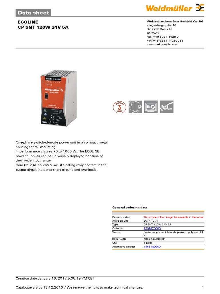 Data Sheet: Ecoline CP SNT 120W 24V 5A | PDF | Power Supply ...