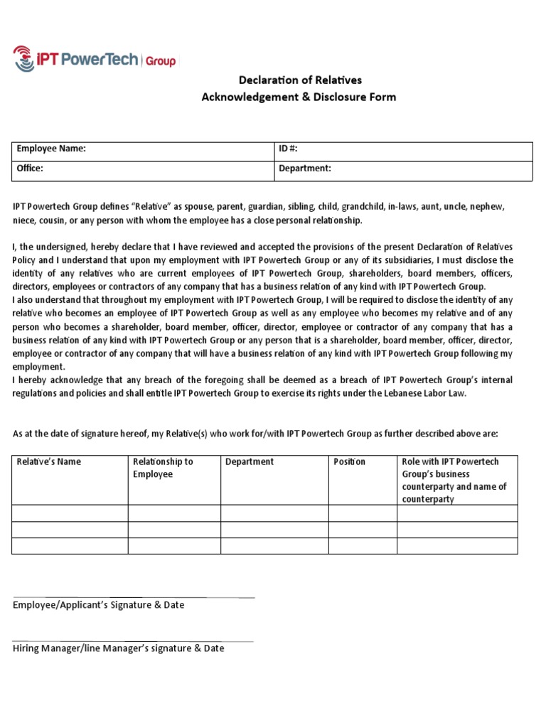 Declaration of Relatives Acknowledgement & Disclosure Form: Employee ...