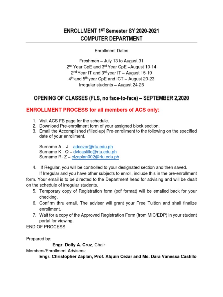 Guidelines for Online Enrollment of Computer Science Students During ...