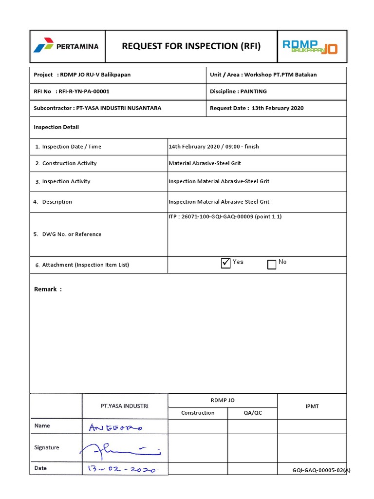 Request For Inspection (Rfi) : Remark | PDF