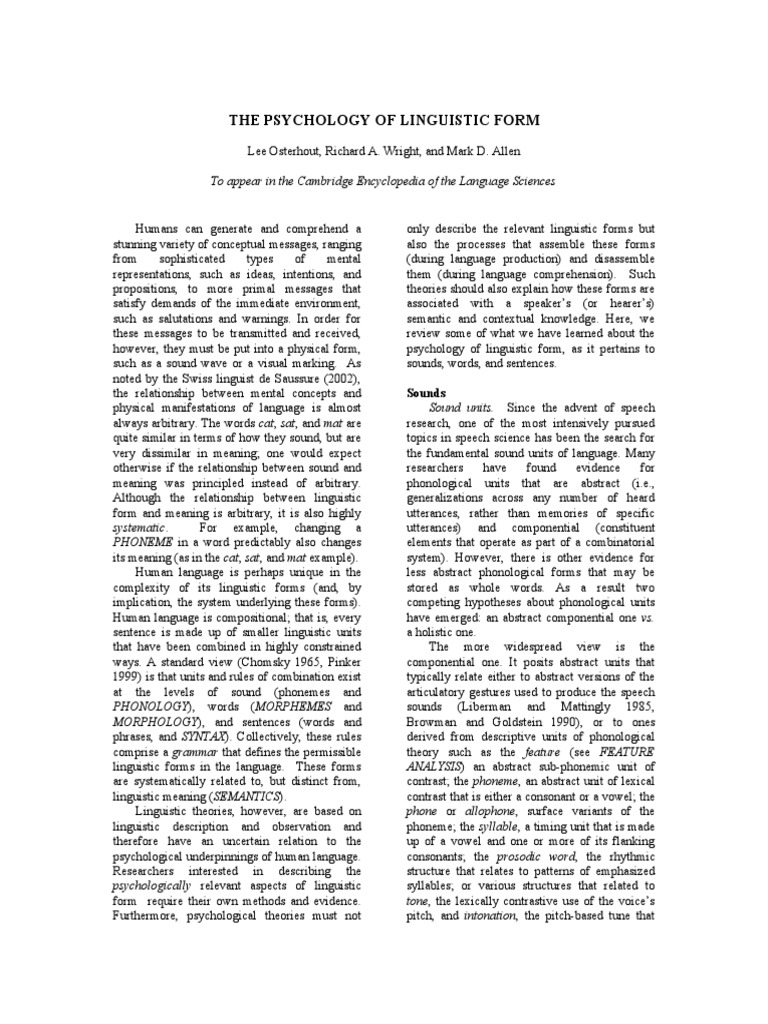 Psychology of Linguistic Form | PDF | Morphology (Linguistics) | Lexicon
