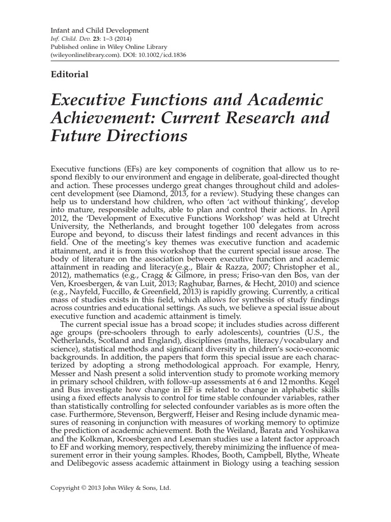 Executive Functions and Academic Achievement Current Research and ...