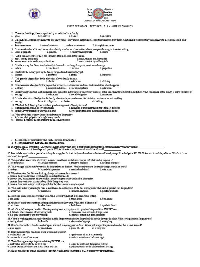 Periodical Test in Tle-Home Economics 6 | PDF | Resource | Foods