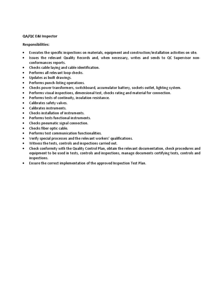 QA/QC E&I Inspector Responsibilities | PDF QA/QC E&I Inspector Responsibilities | PDF