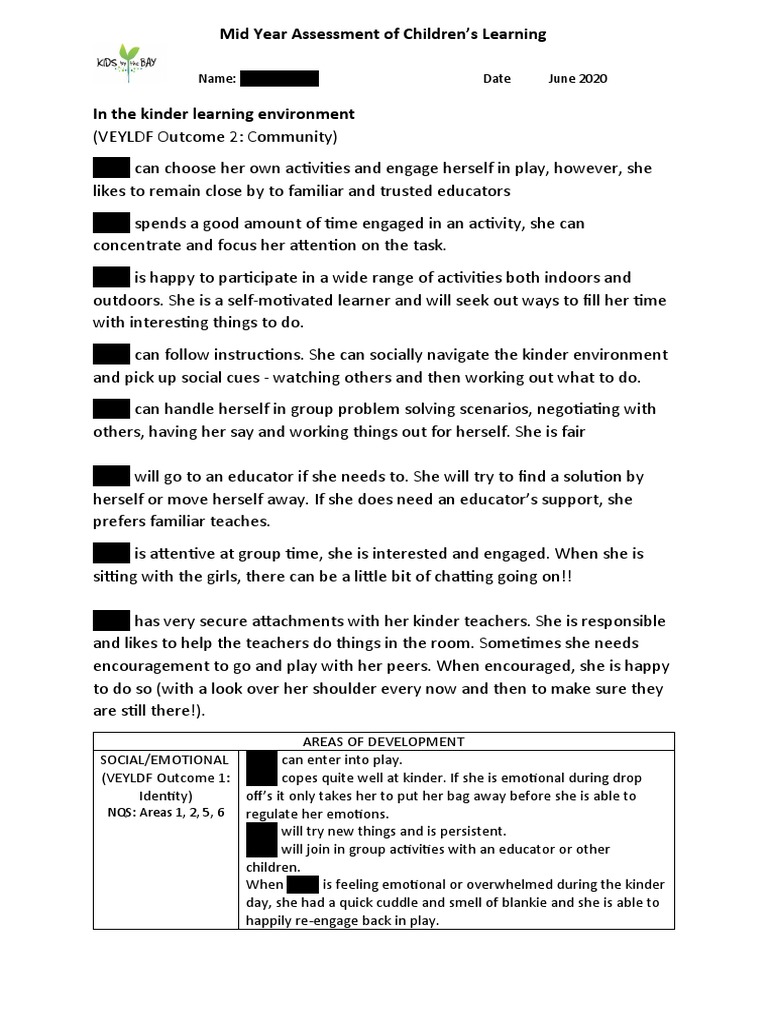 Mid Year Assessment of Children's Learning: Name: Olive Greaves Date ...