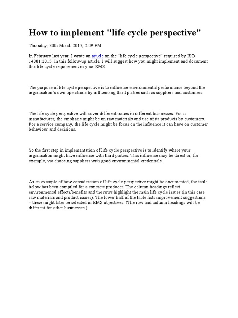 How To Implement "Life Cycle Perspective": Article | PDF