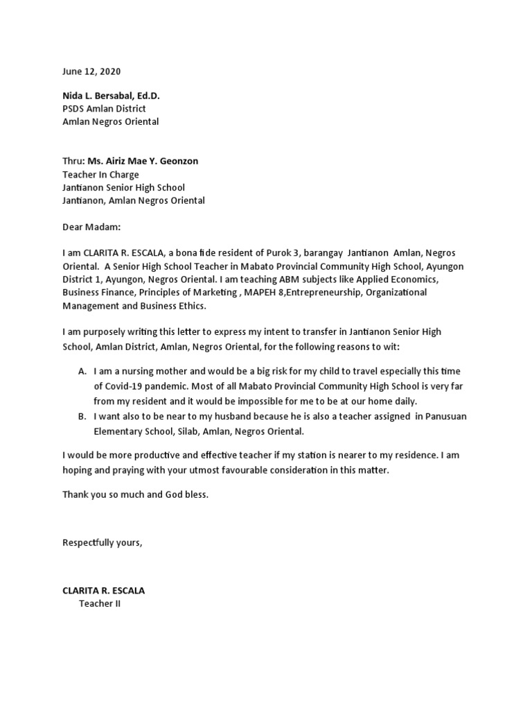 Intent Letter For Transfer | PDF