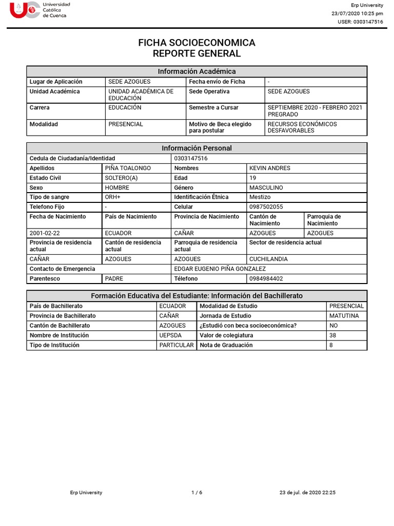 Beca Kevin Ficha Socioeconomica | PDF | Business | Educación avanzada