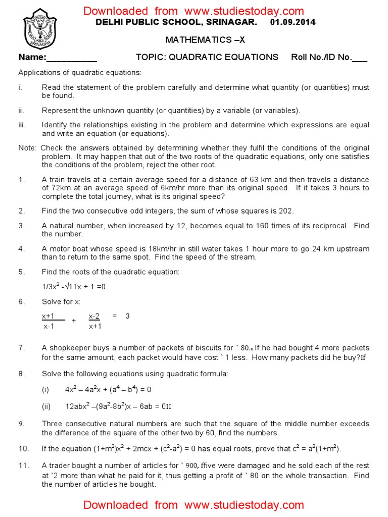 CBSE Class 10 Quadratic Equation | PDF | Quadratic Equation | Equations