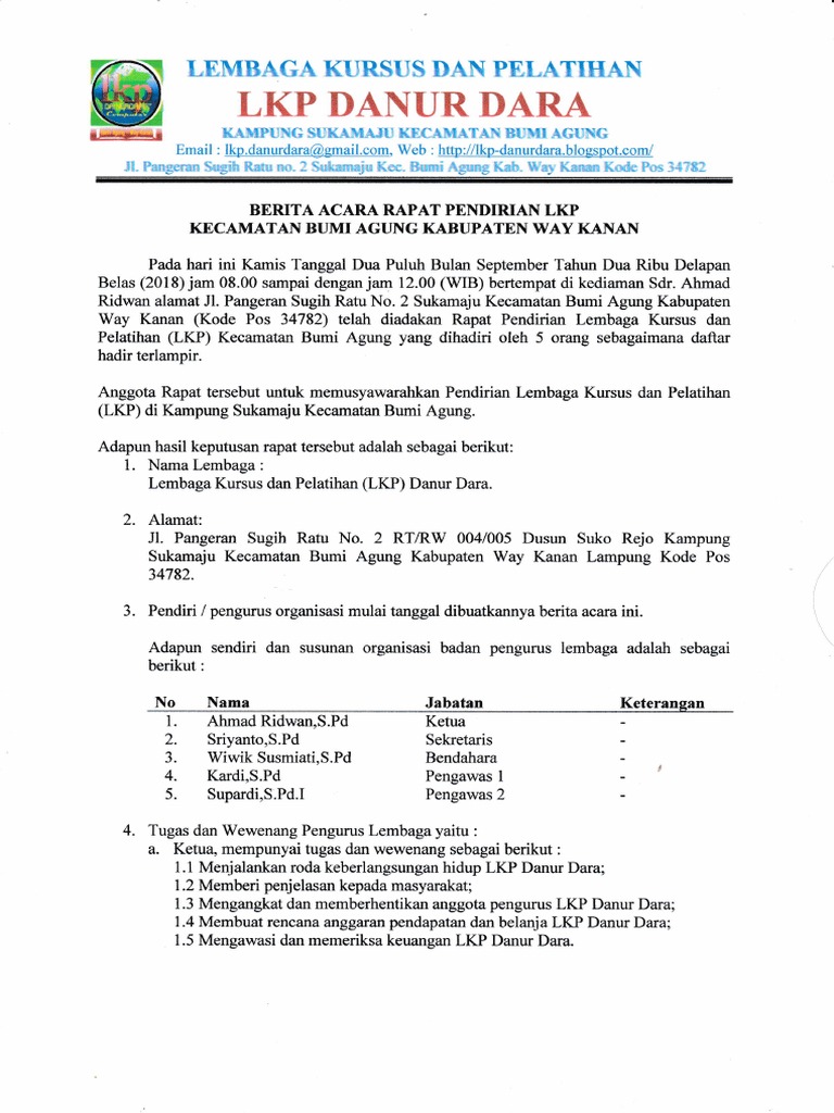 Berita Acara Pendirian LKP | PDF