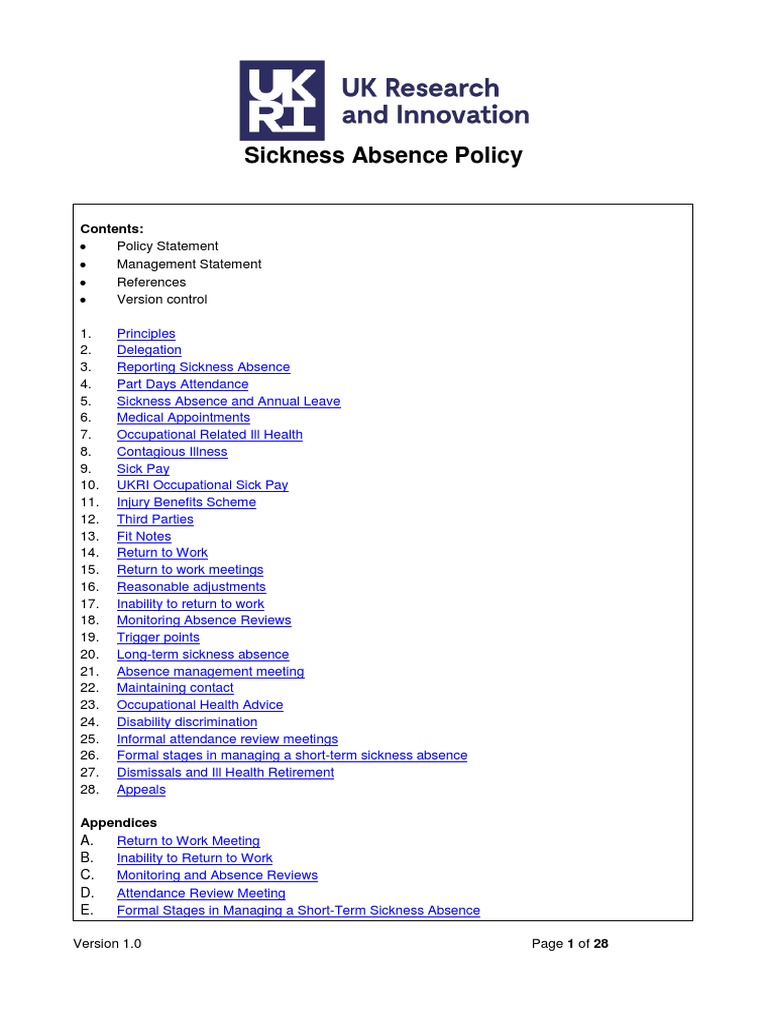 UKRI Sickness Absence Policy | PDF | Employment | Occupational Safety ...