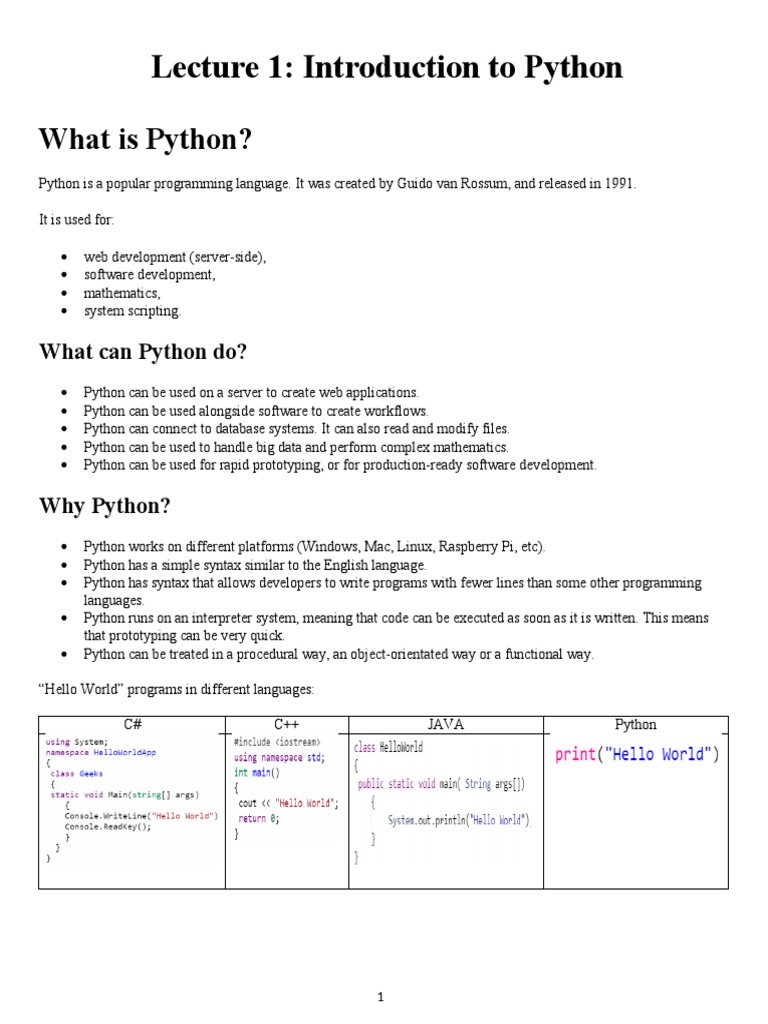 Lecture 1: Introduction To Python | PDF | Python (Programming Language) | Reserved Word
