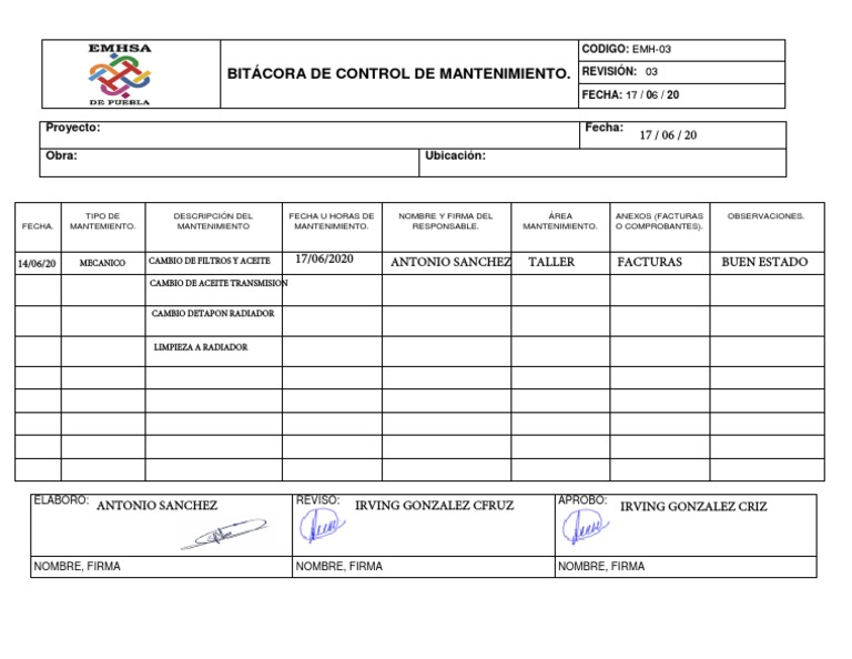 Bitácora de Control de Mantenimiento | PDF Bitácora de Control de Mantenimiento | PDF