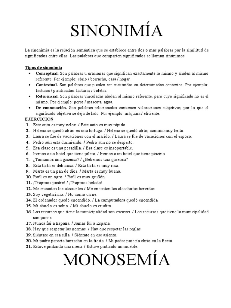 Sinonimía - Monosemia | PDF