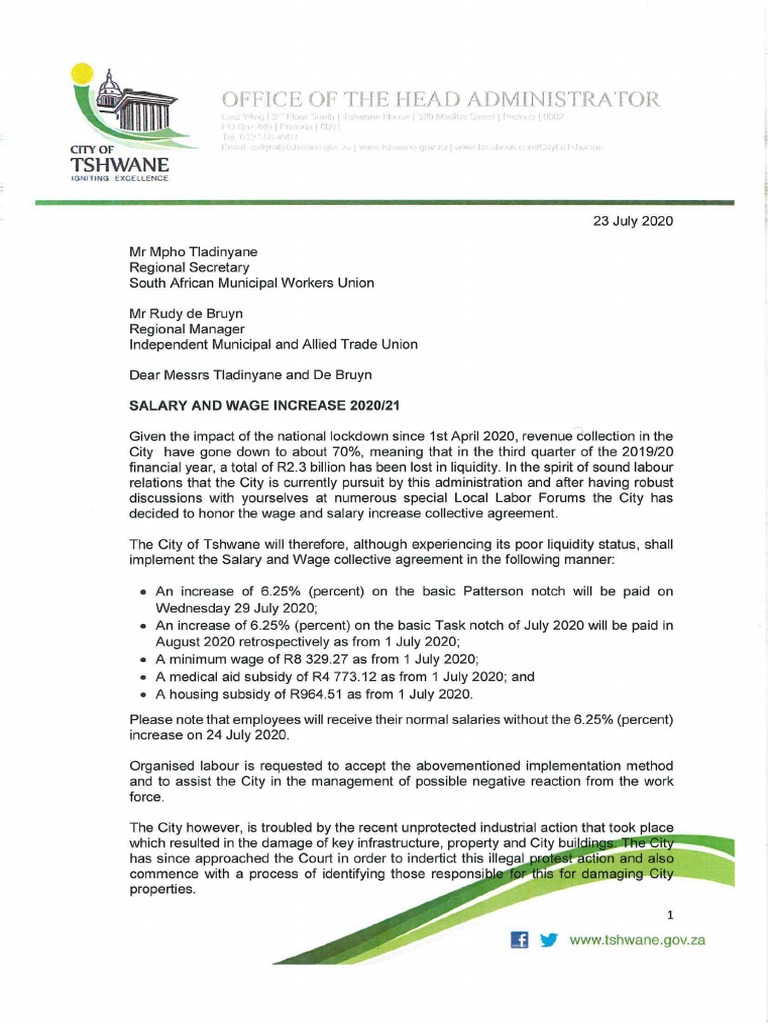Letter To SAMWU and IMATU - Salary and Wage Increase 20 - 21 | PDF