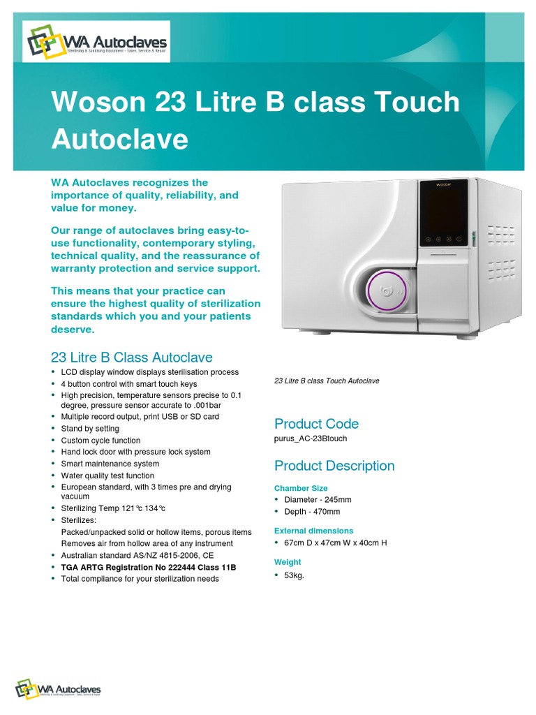 Woson 23 Litre B Class Touch Autoclave | PDF | Sterilization ...