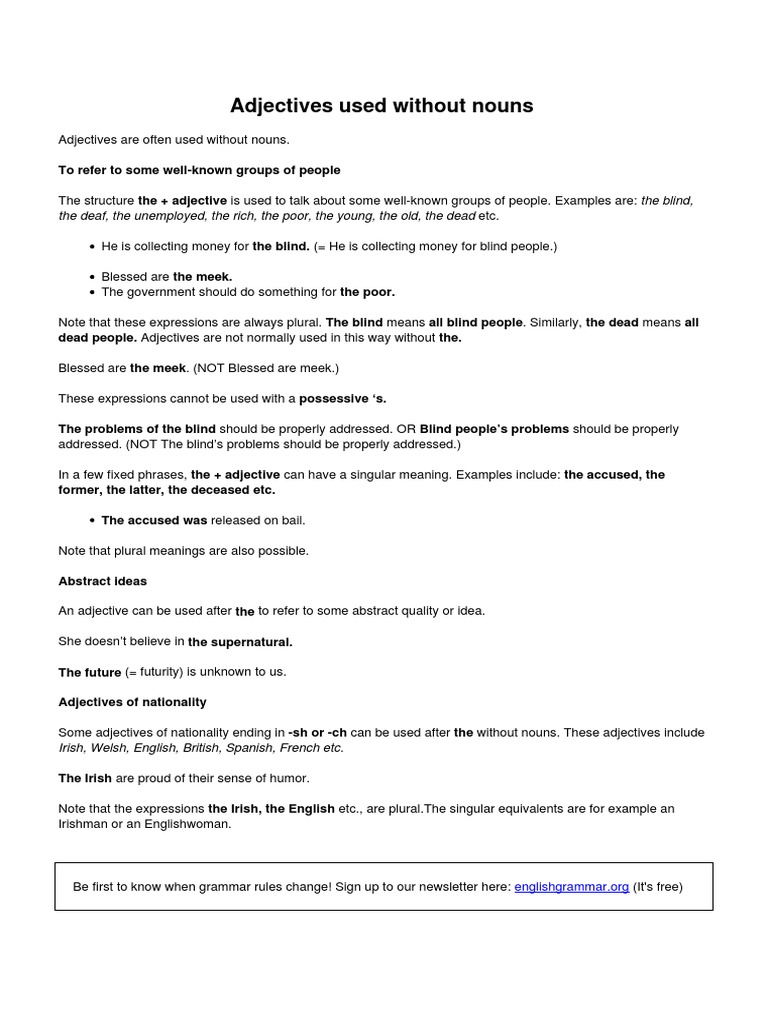 Adjectives Used Without Nouns PDF | PDF | Adjective | Plural