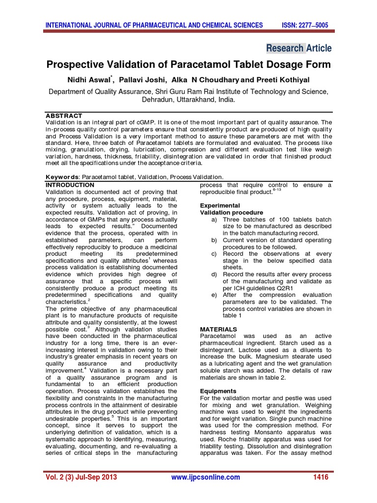 Validation of Paracetamol Tablet Process | PDF | Tablet (Pharmacy) | Chemistry