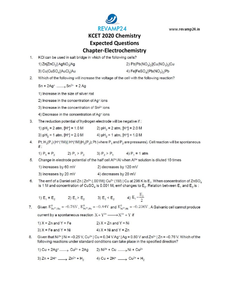 KCET 2020 Chemistry Expected Questions Chapter-Electrochemistry | PDF