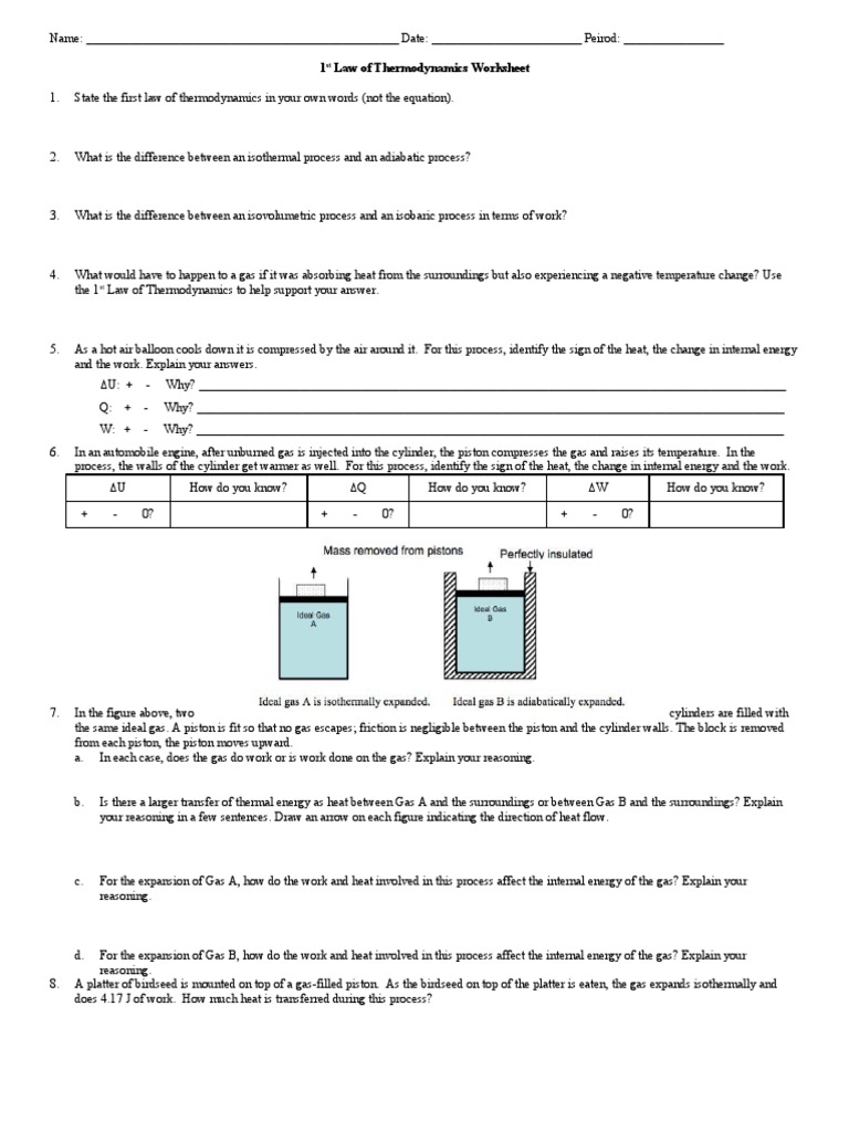 Thermodynamics Worksheets Grade 10 Physics Diagrammatic Practice