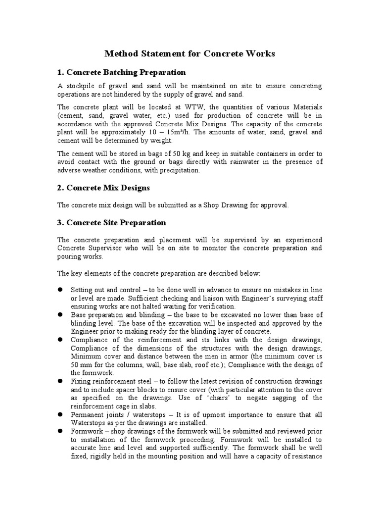 Method Statement for Concrete Works | PDF | Concrete | Scaffolding