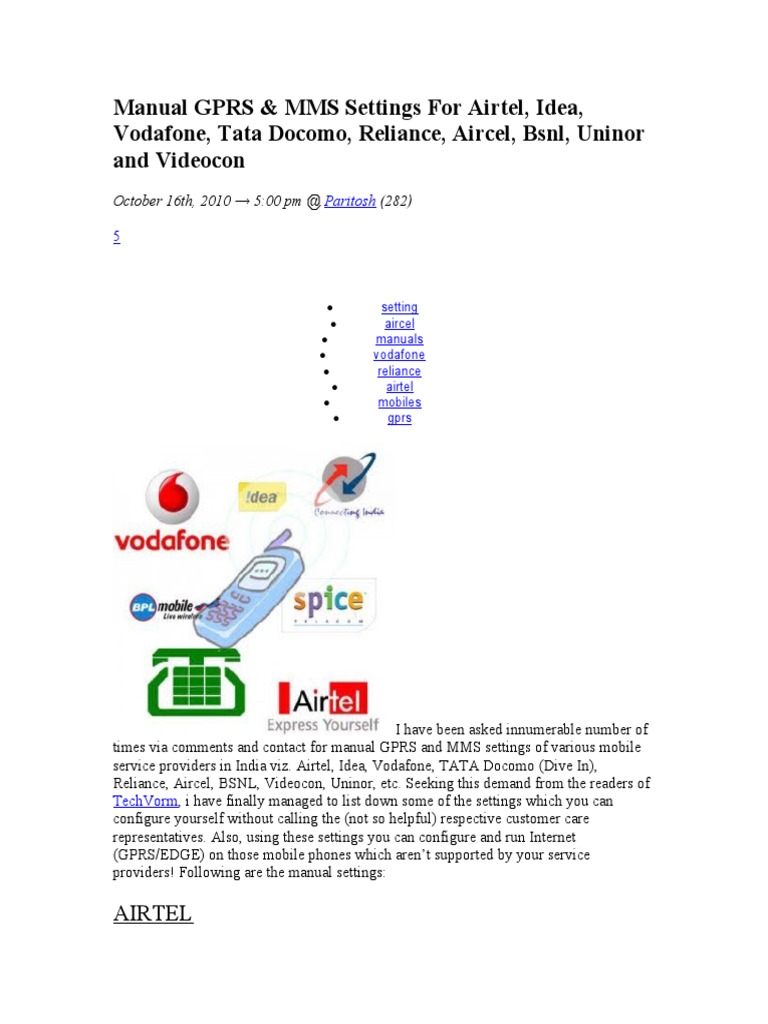 Manual GPRS & MMS Settings For Airtel, Idea, Vodafone, Tata Docomo ...