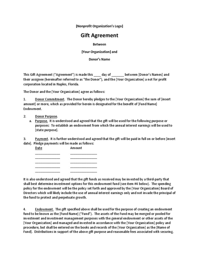 Gift Agreement: (Nonprofit Organization's Logo) | PDF | Financial ...