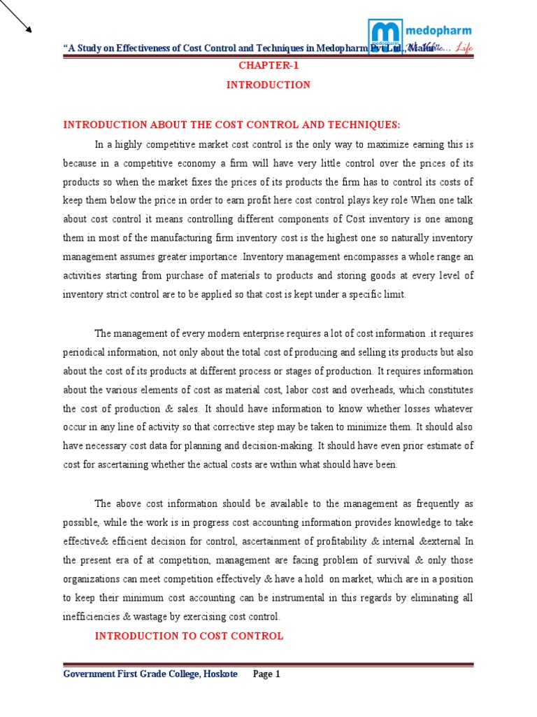 Chapter-1: "A Study On Effectiveness of Cost Control and Techniques in ...