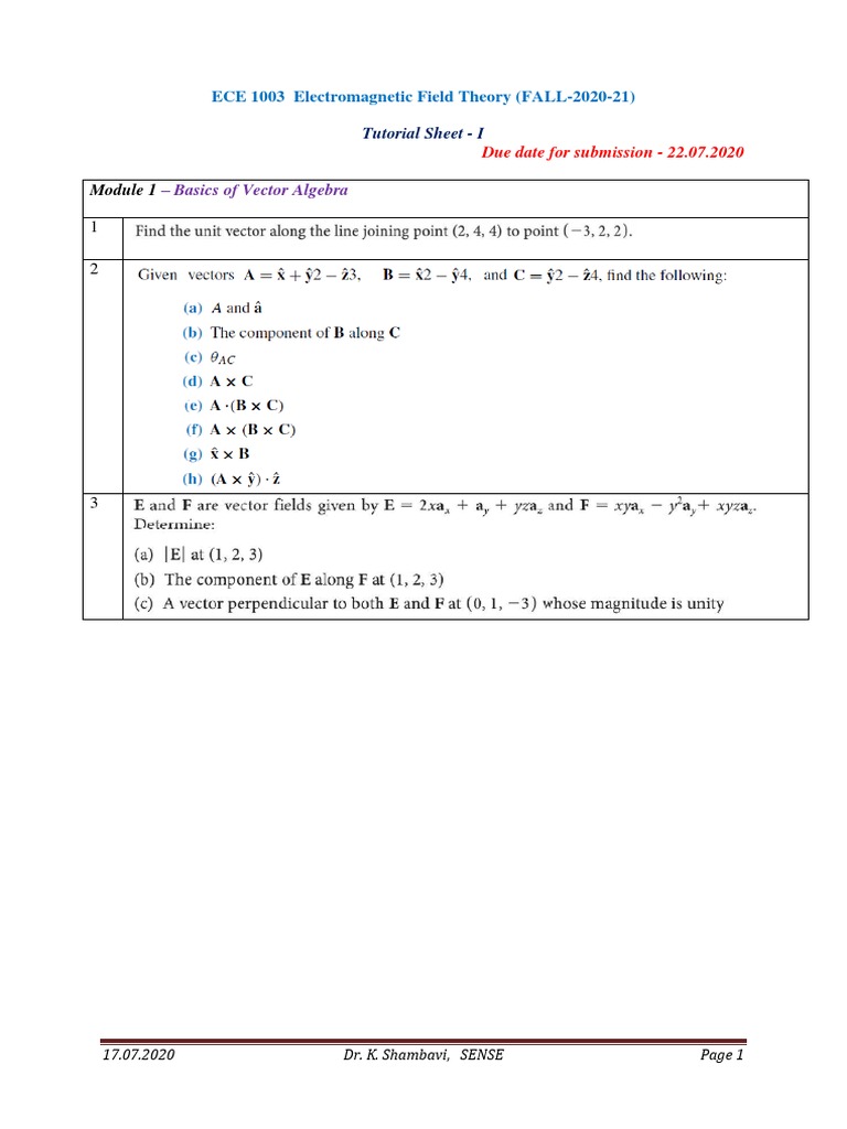 Tutorial Sheet 1 - EMFT - 17.7.2020 | PDF