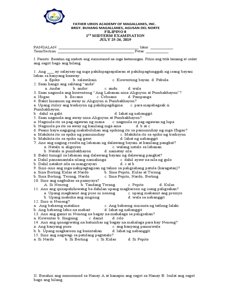 1st Midterm Fil 8 | PDF