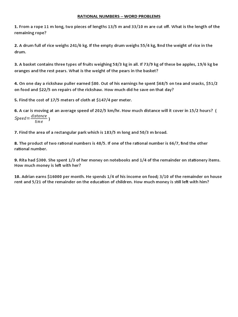 RATIONAL NUMBERS Word Problems PDF