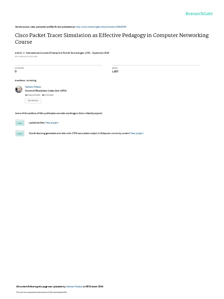Cisco Packet Tracer Simulation As Effective Pedagogy in Computer Networking Course | PDF ...
