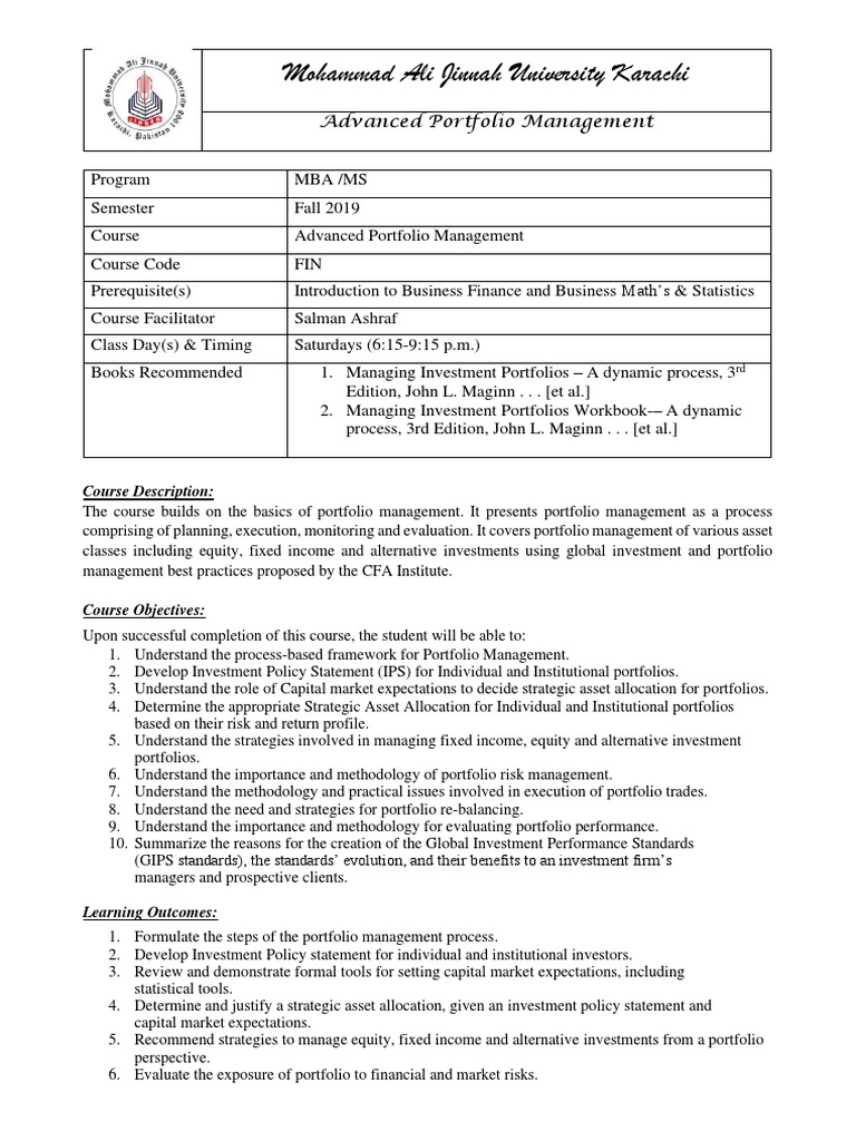 Advance Portfolio Management Course Outline | PDF | Investment ...