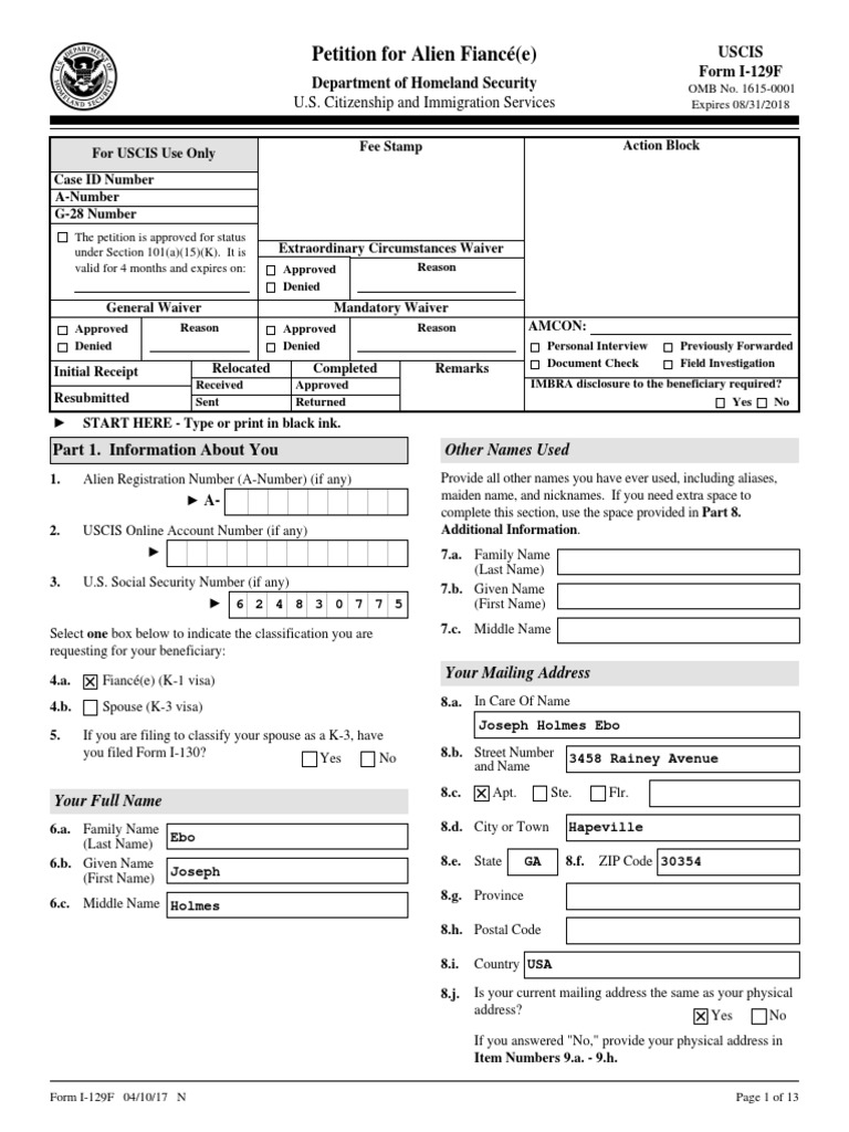 Petition For Alien Fiancé (E) : Uscis Form I-129F | PDF | Public Law ...