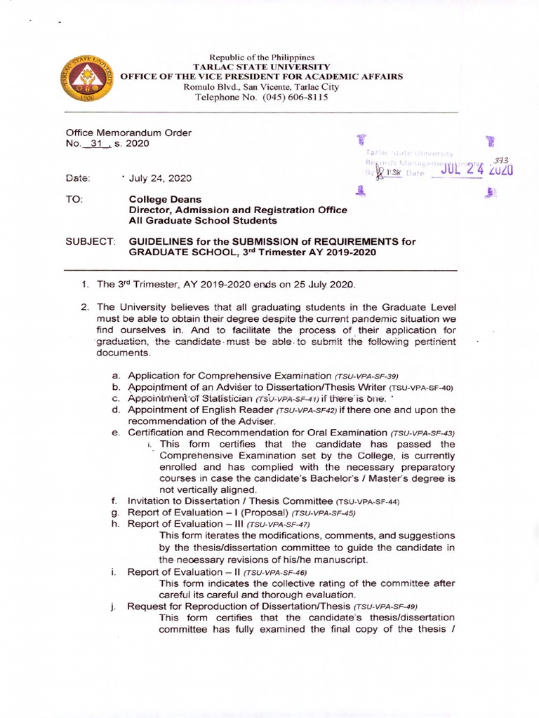 VPAA Office Memorandum No. 31, S. 2020 | PDF