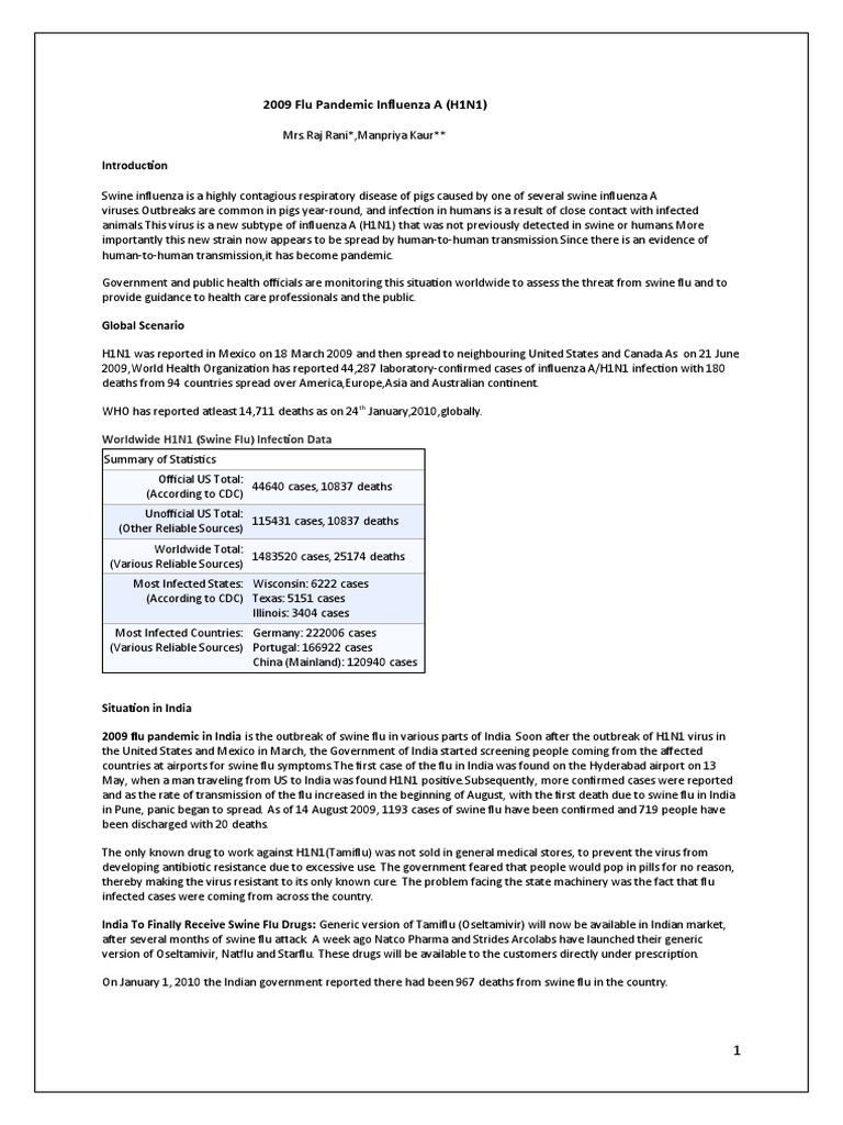 2009 Flu Pandemic Influenza A H1n1 Pdf Swine Influenza