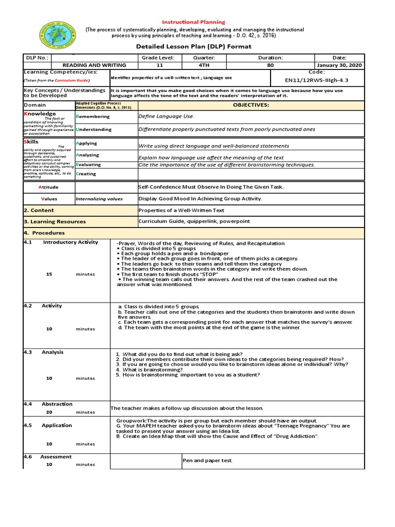 Detailed Lesson Plan (DLP) Format: Learning Competency/Ies: Code: En11/12Rws-Iiigh-4.3 | PDF ...