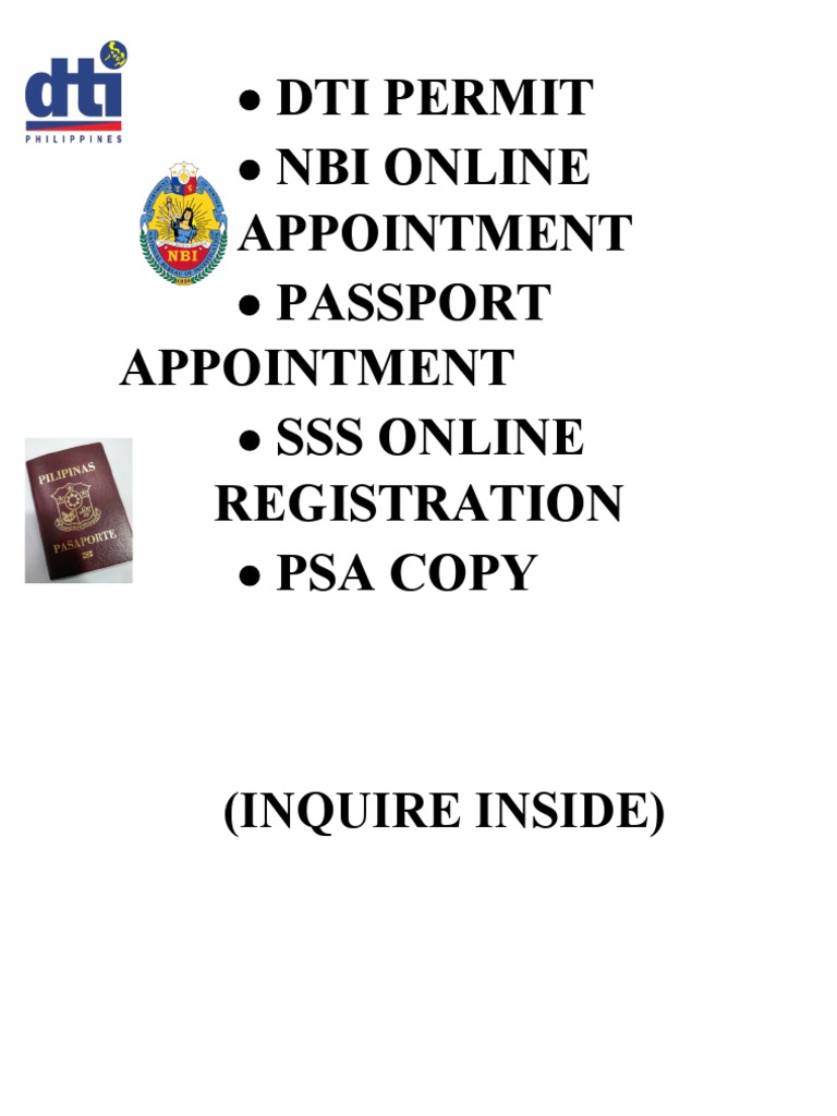 Dti Permit Nbi Online Passport Sss Online Psa | PDF