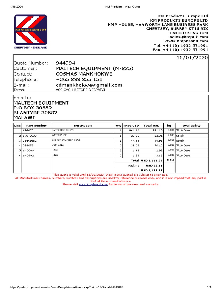 KMP Parts Quote | PDF | Business