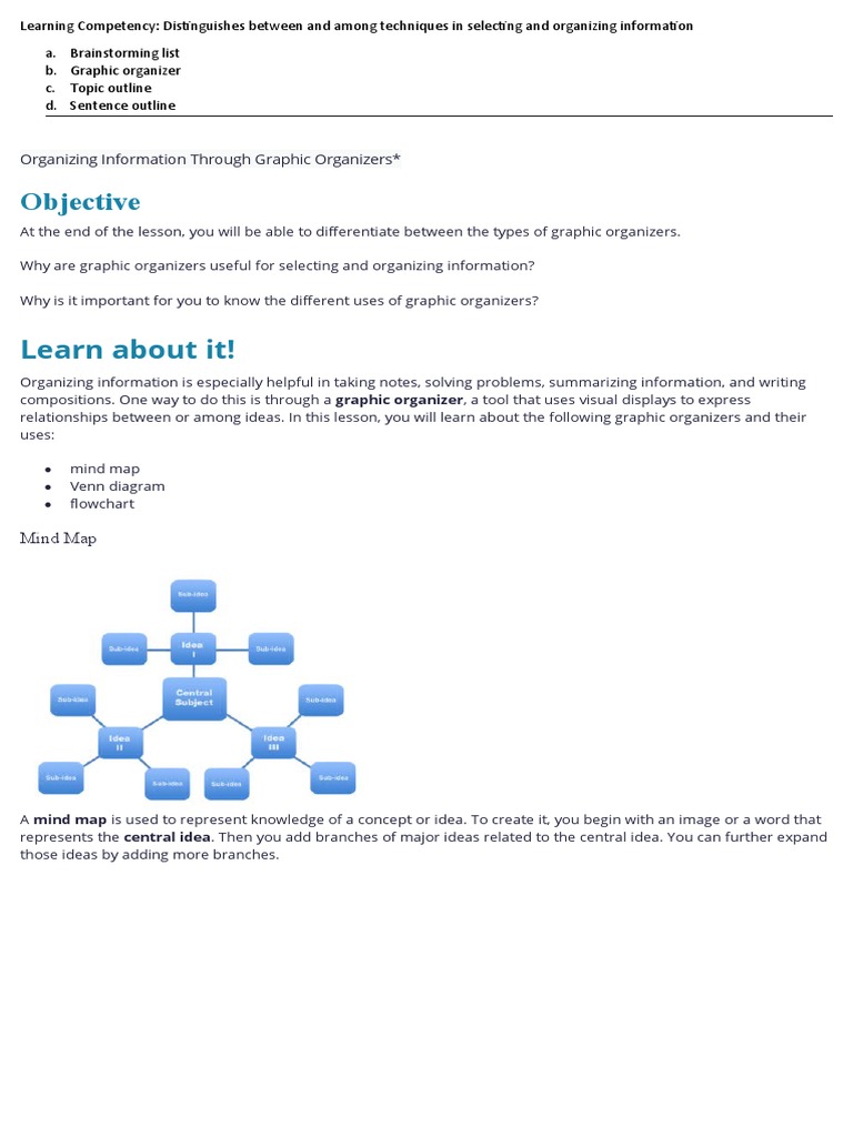 Objective: Organizing Information Through Graphic Organizers | PDF