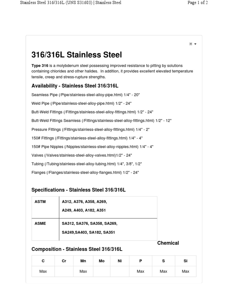 Stainless Steel 316/316L Specs | PDF | Stainless Steel | Corrosion