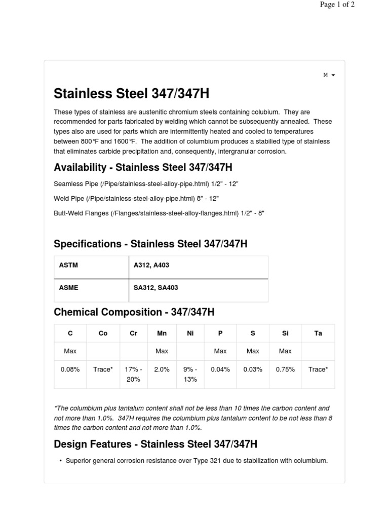 Type 347-347H Stainless Steel | PDF | Stainless Steel | Steel